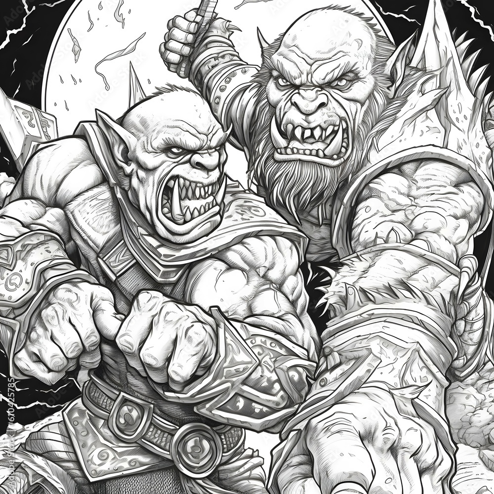a black and white illustration of a scene featuring a good orc fighting ...