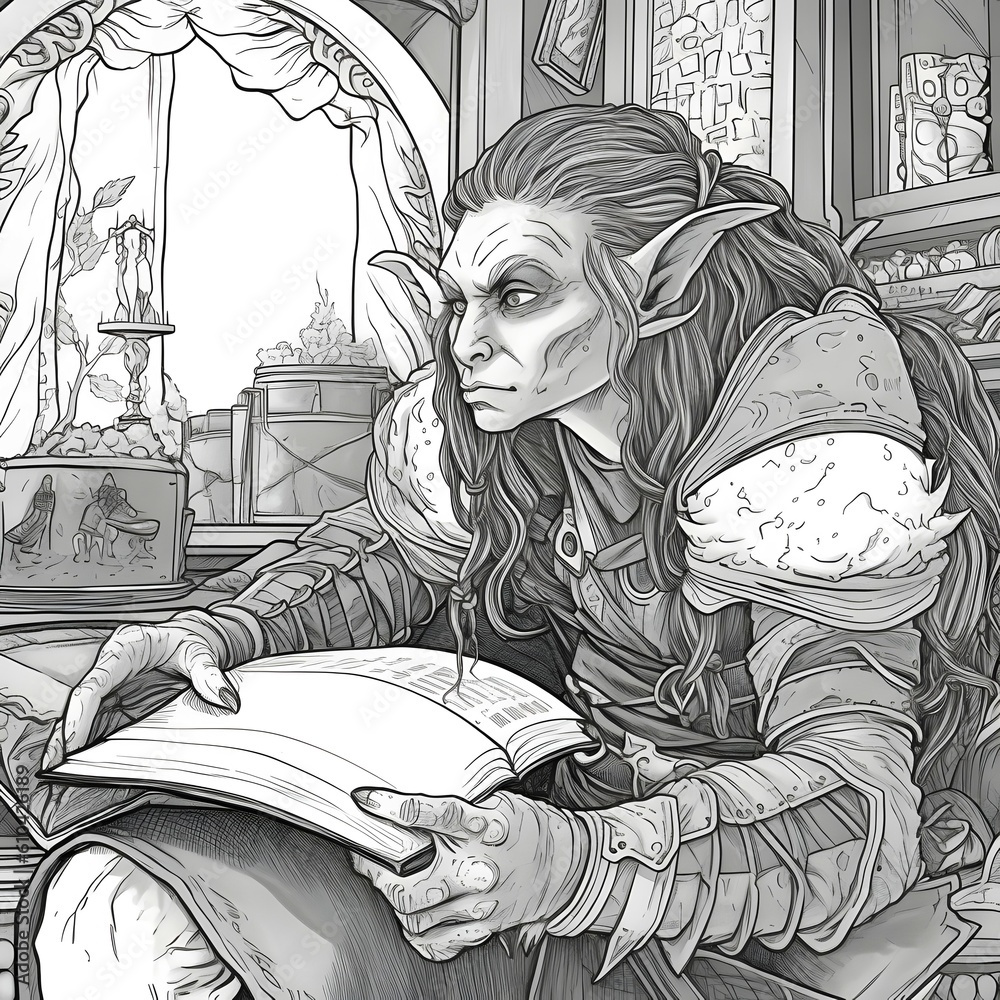 a black and white illustration of a female hobgoblin scene from an ...