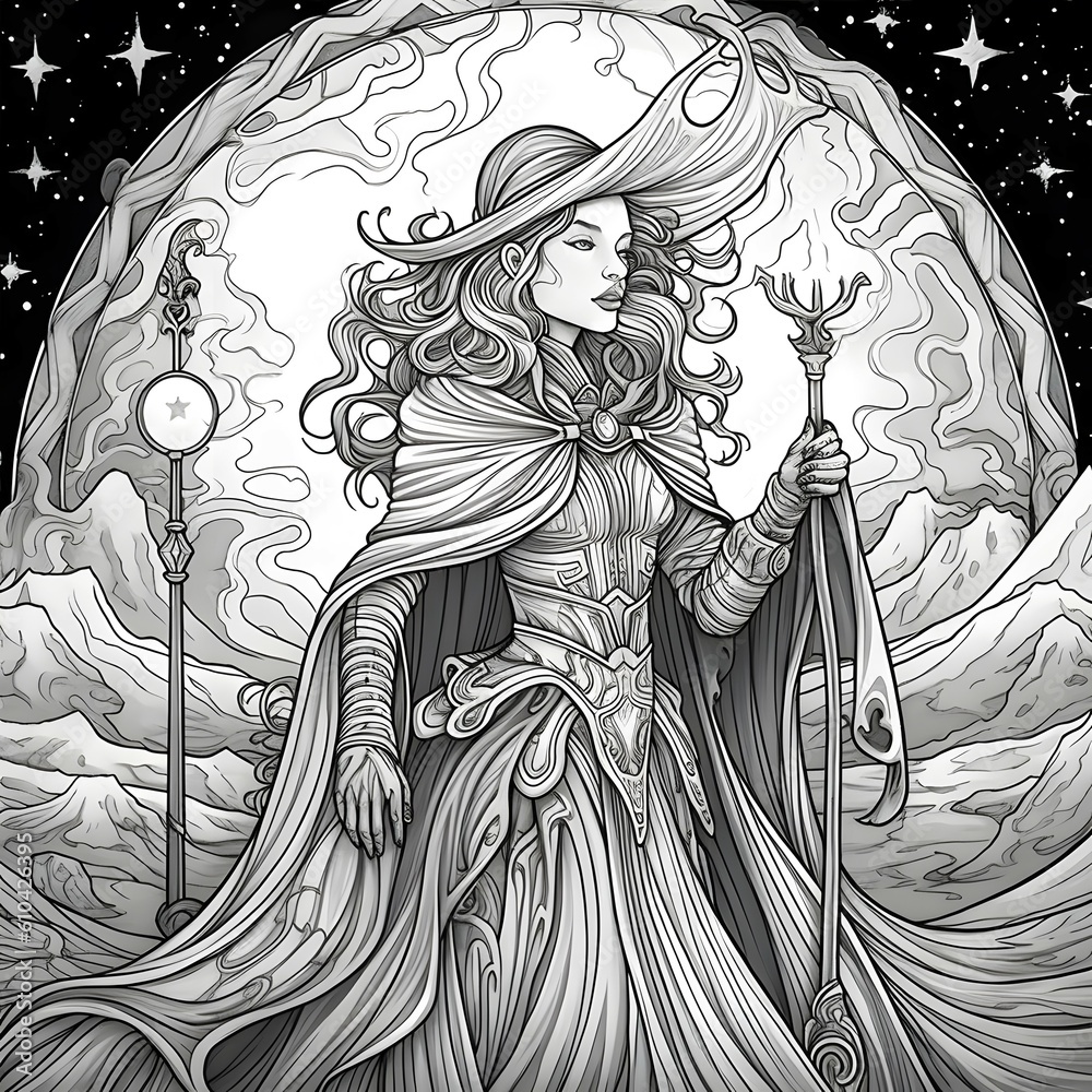 a black and white illustration of a female wizard scene from an ...