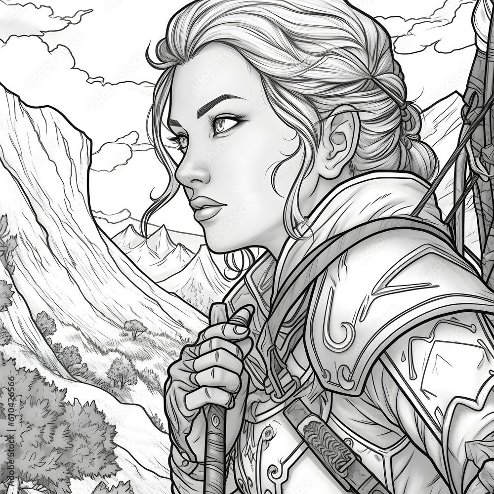 a black and white illustration of a female ranger scene from an ...