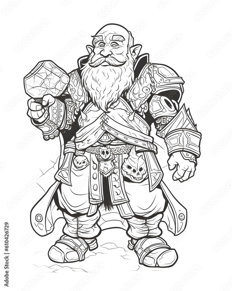coloring book page of a dungeons and dragons style dwarf. black and ...