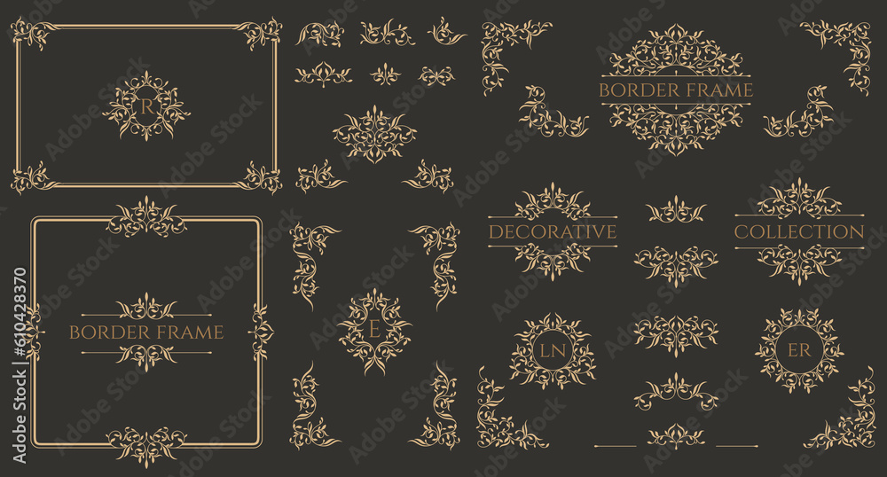Set of decorative title borders, corners and monograms, frame. Graphic ...