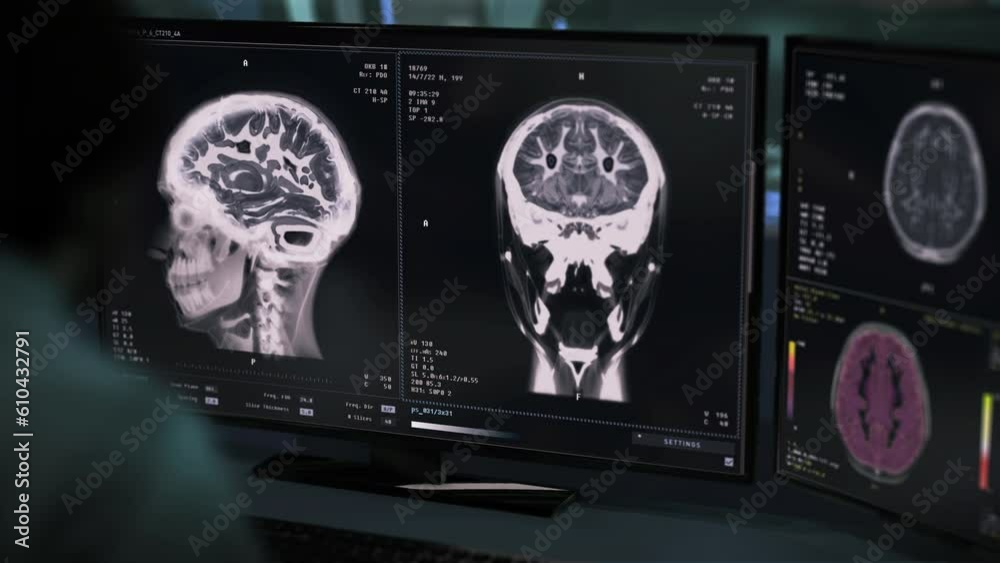 X-ray scanner equipment interface imaging the patients brain. Medical ...
