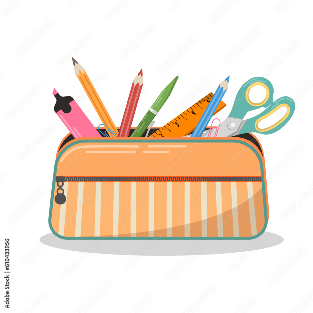 School pencil case with stationery on an isolated background. School ...