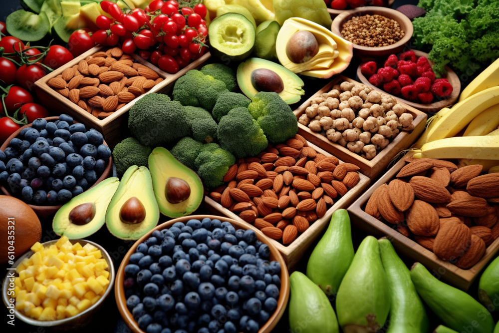 Wholesome nutrition display, organic food for healthy balanced diet ...