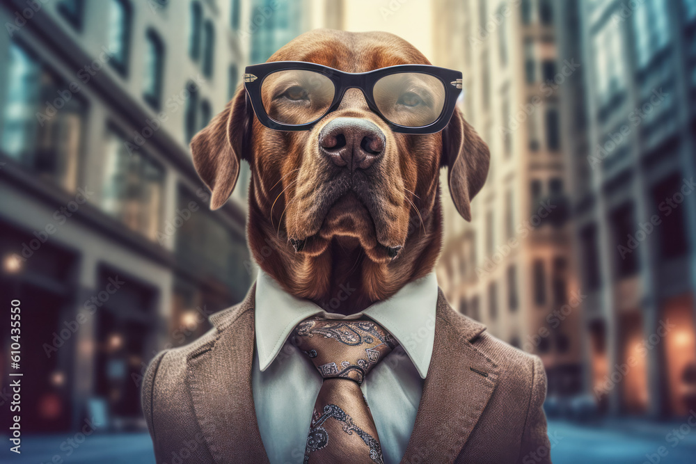 Funny looking canine, wearing business suit tie, and stylish sunglasses ...