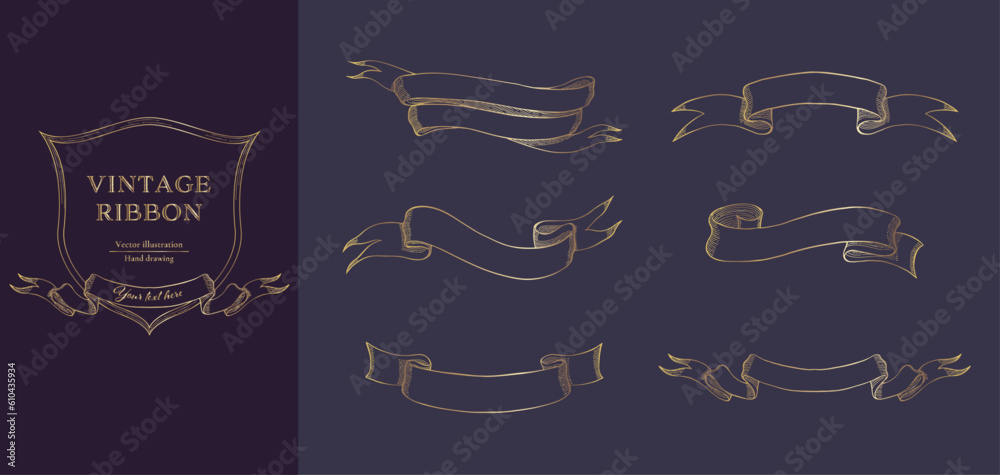 Gold line vintage ribbon banner vector set. Hand drawn line art. Stock ...