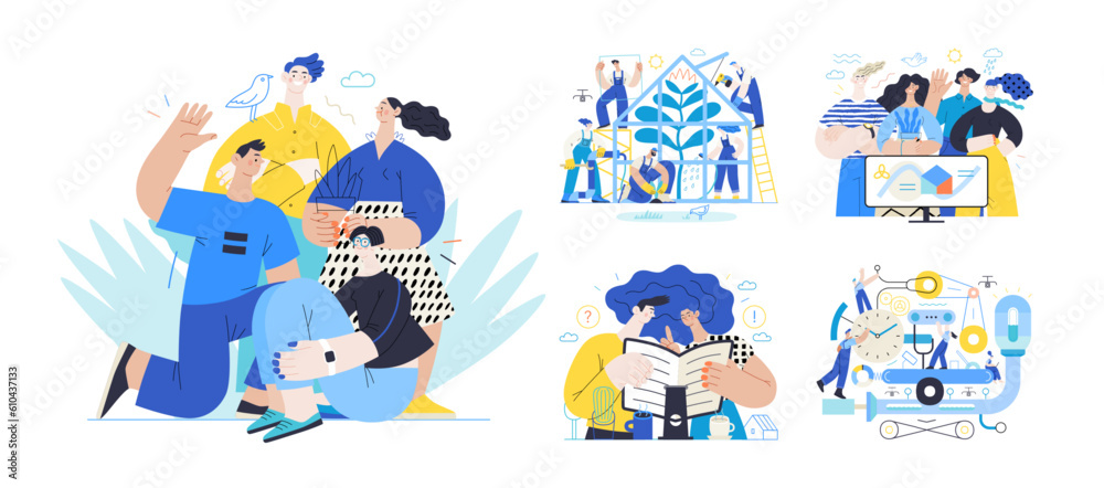 Memphis business illustration, company - modern outlined flat vector ...