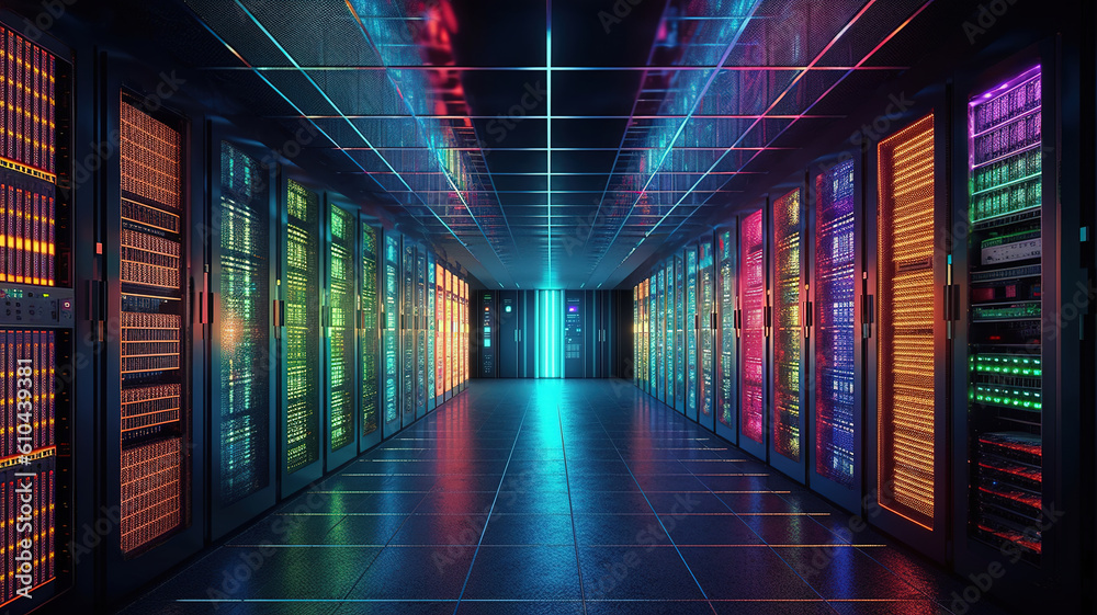 Server Room in Data Center. Colorful Neon Server Racks. Network ...
