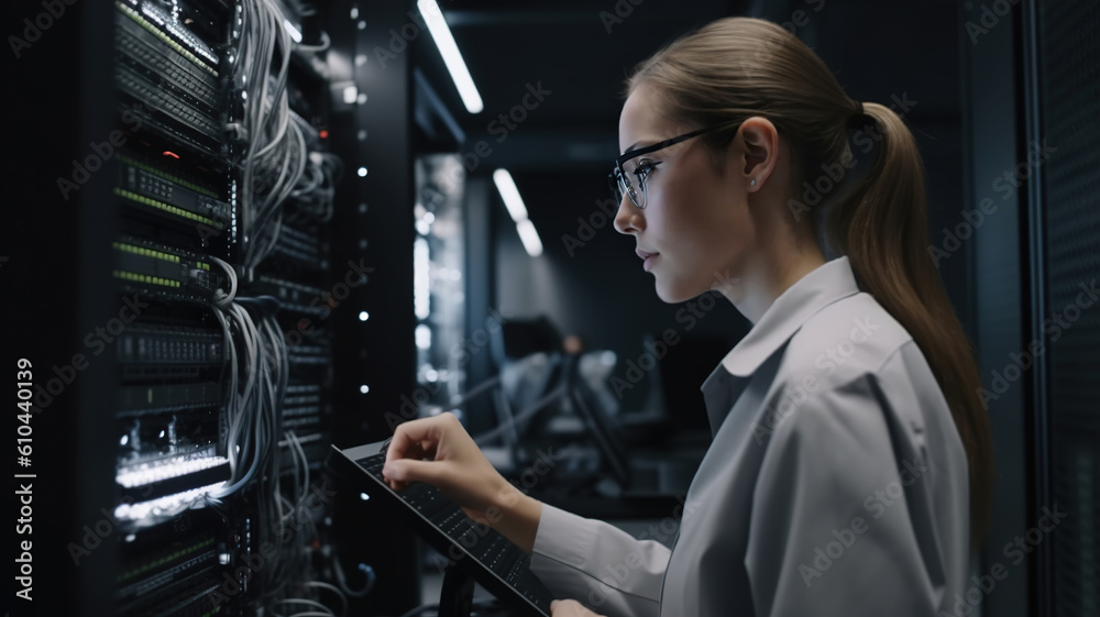 Female Technician Working at Data Center. Management Conducting System ...