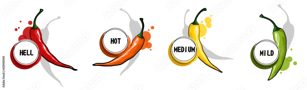 Hot chilli pepper vector set isolated on white background. Red, orange ...