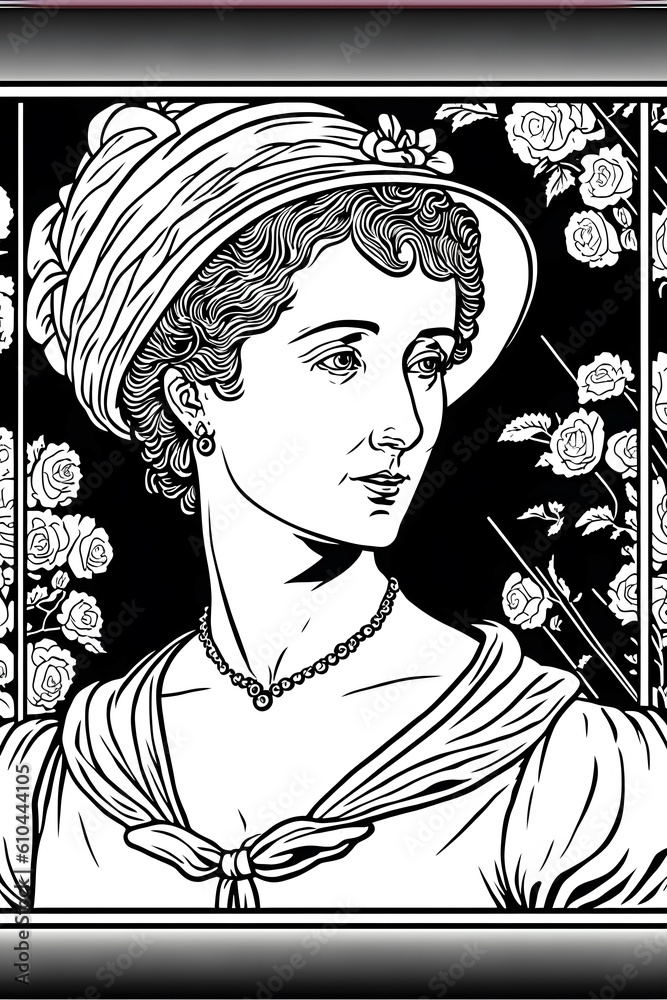 coloring page of a famous women jane austen , black and white, coloring ...