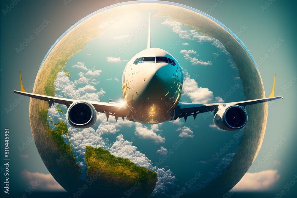 Symmetrical, Boeing 737 flying over around futuristic glowing globe ...