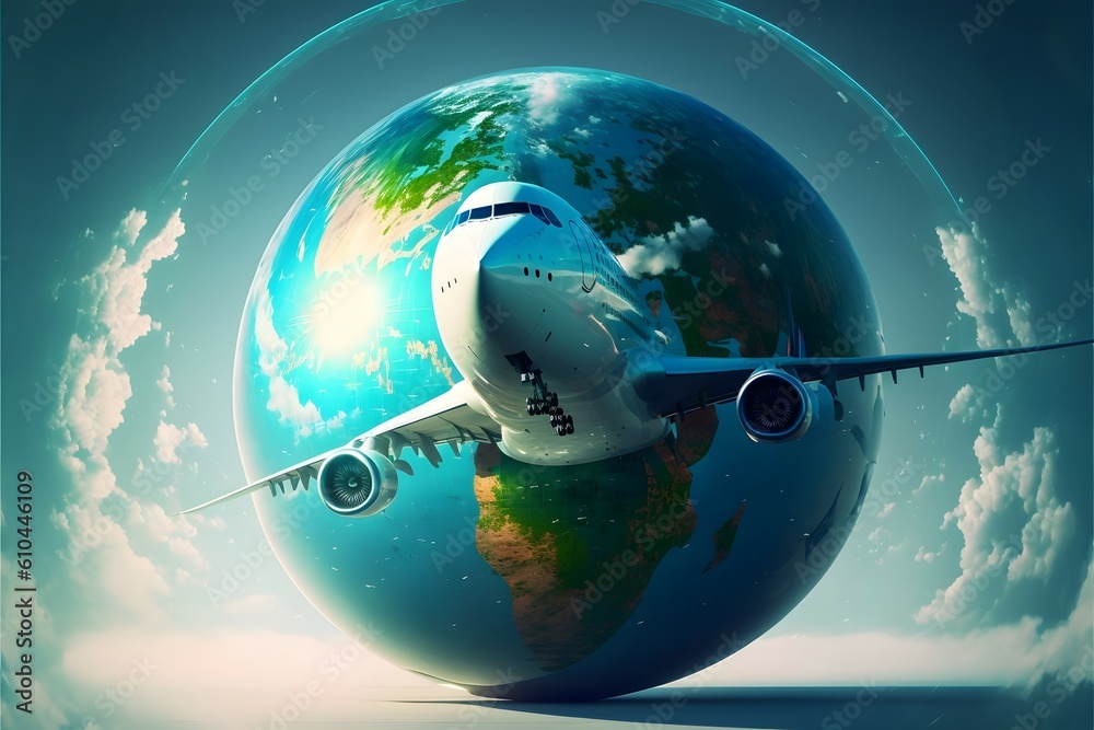 Symmetrical, Boeing 737 flying over around futuristic glowing globe ...