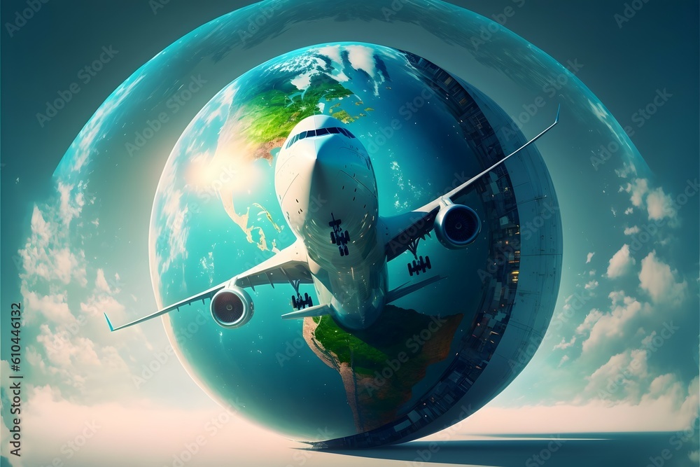 Symmetrical, Boeing 737 flying over around futuristic glowing globe ...