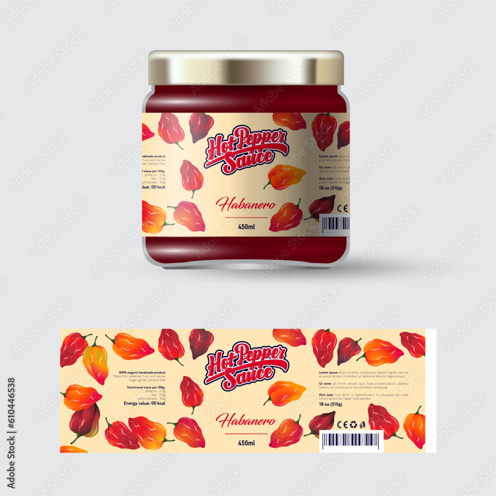 Hot Pepper Sauce label and packaging. Glass jar template with cap and ...
