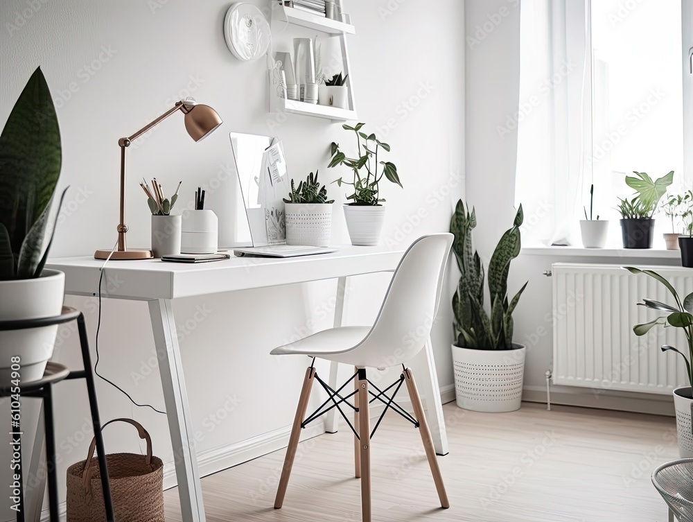 The workspace features a pristine white desk and chair arranged in an ...