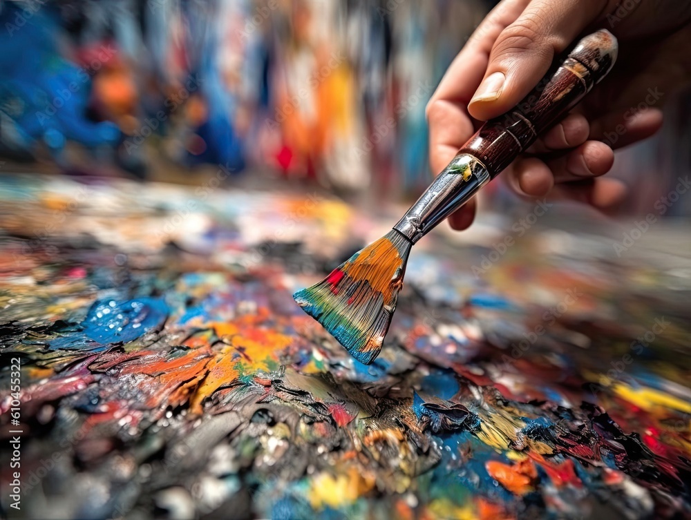 The camera focuses on the hand of an artist, holding a paintbrush to ...