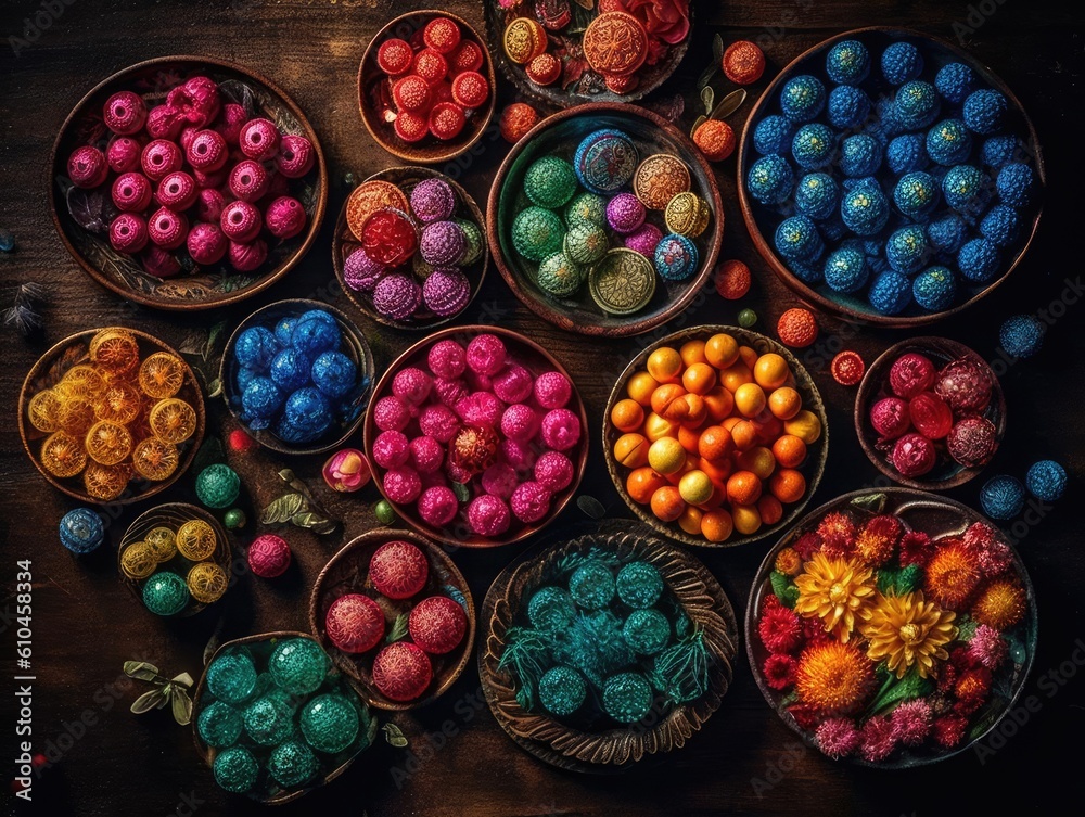 The image features an assortment of brightly colored candies arranged ...