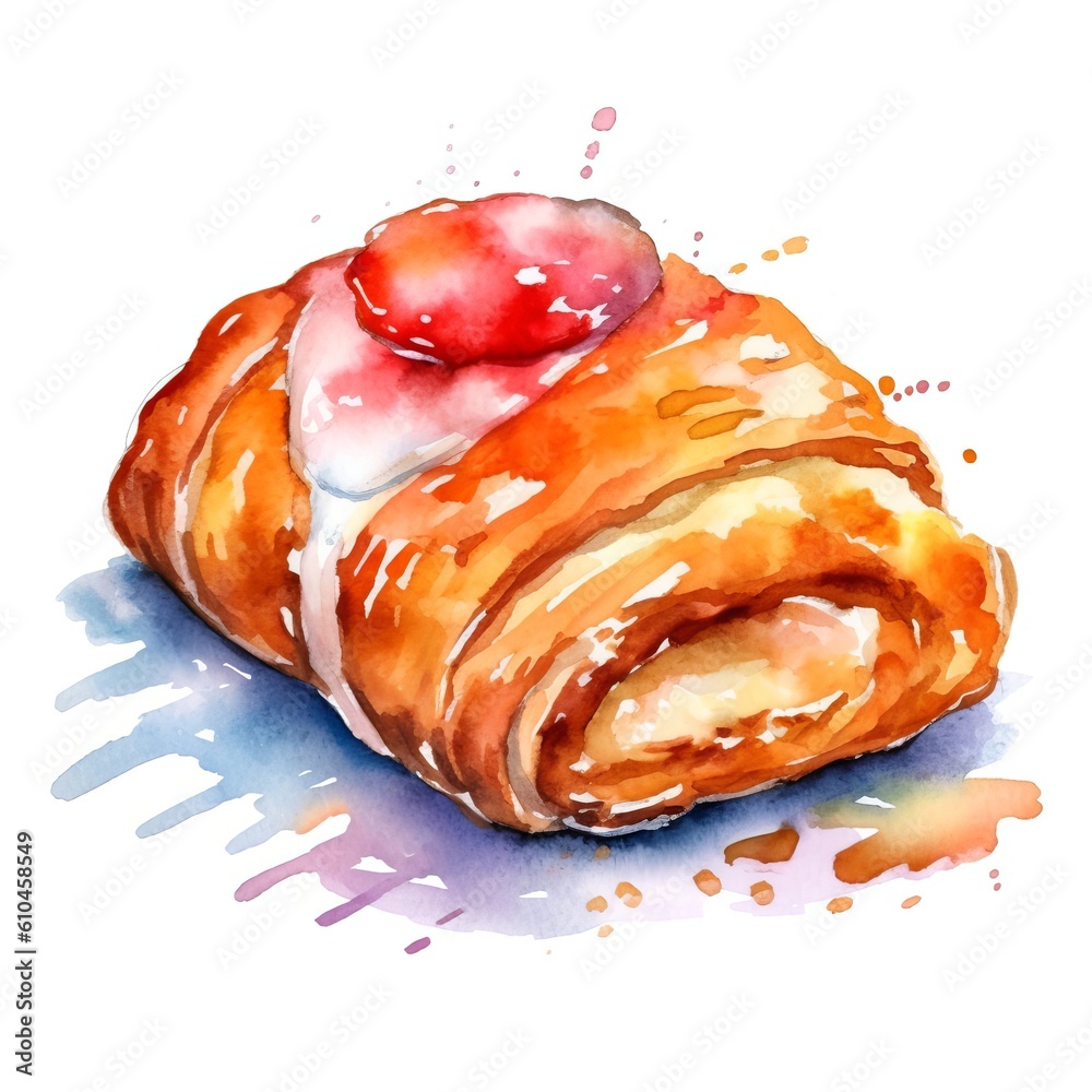 Freshly Baked Danish Pastry Watercolor Square Background. Crusty Pastry ...