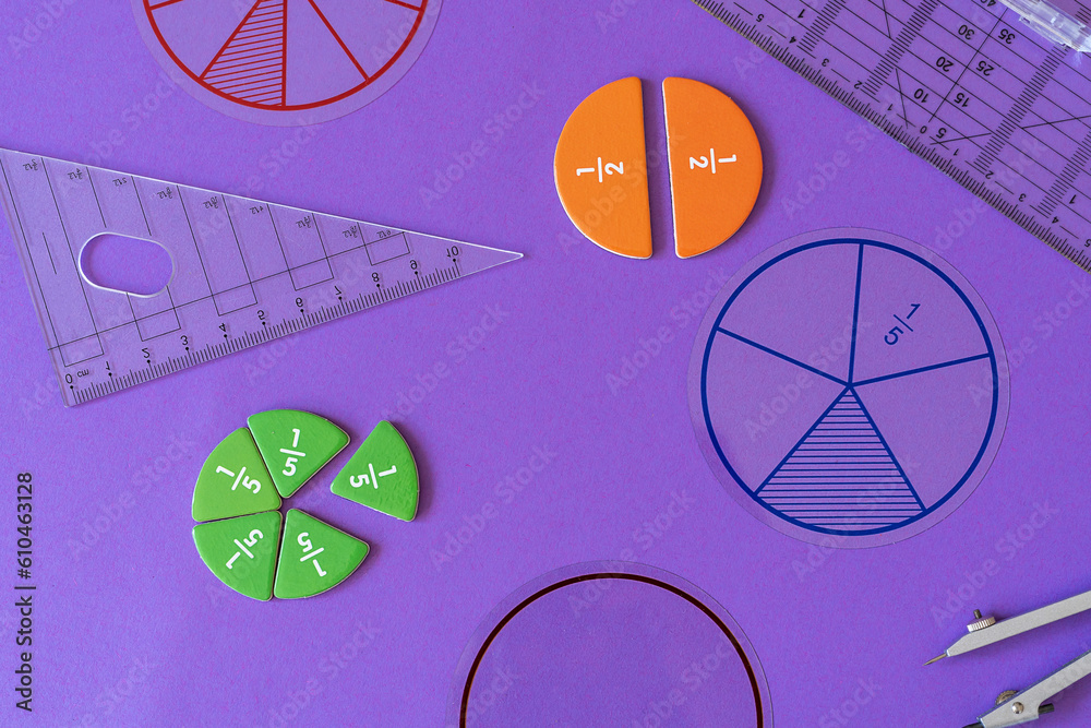 Fractions, rulers on violet background. Set of supplies for mathematics ...