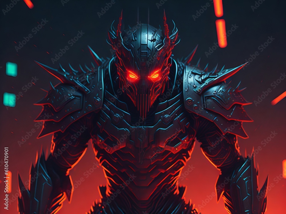 Menacing cyberpunk creature with glowing red eyes in a dark environment ...