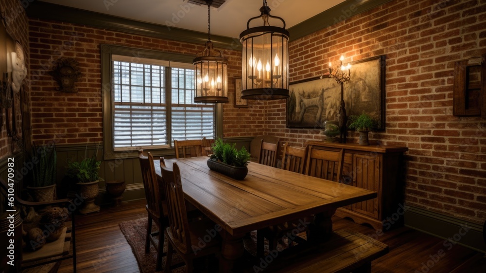 Interior design of Dining Room in Rustic style with Chandelier ...