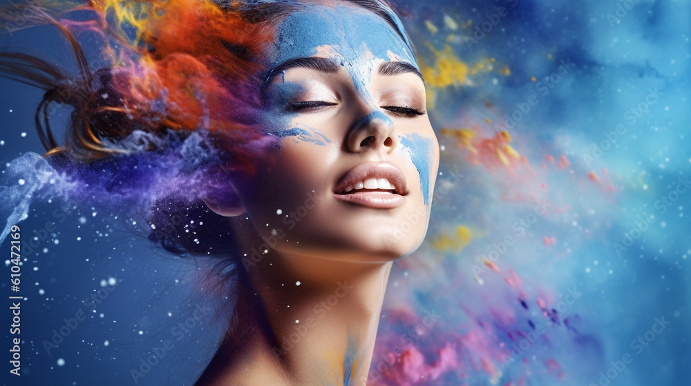 Art Portrait of a beautiful woman with creative make-up and colorful ...