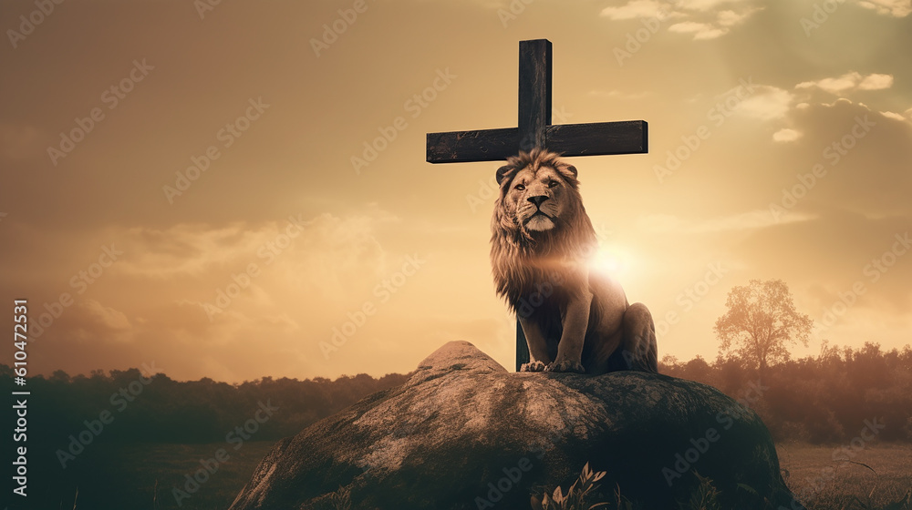 leão e a cruz de jesus, crucifixo, simbolo da fé cristã ilustración de ...