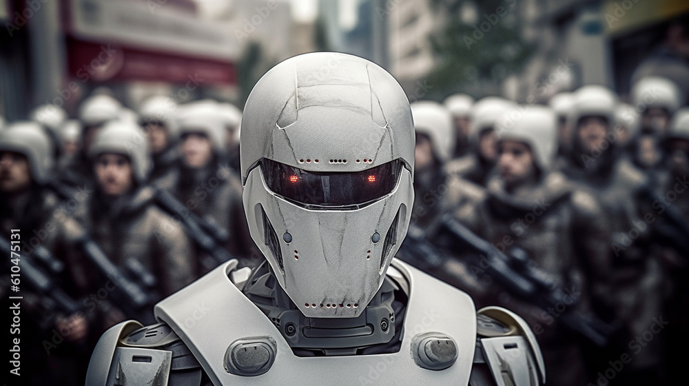 a robot or cyborg leads a human army, soldiers in the background, white ...