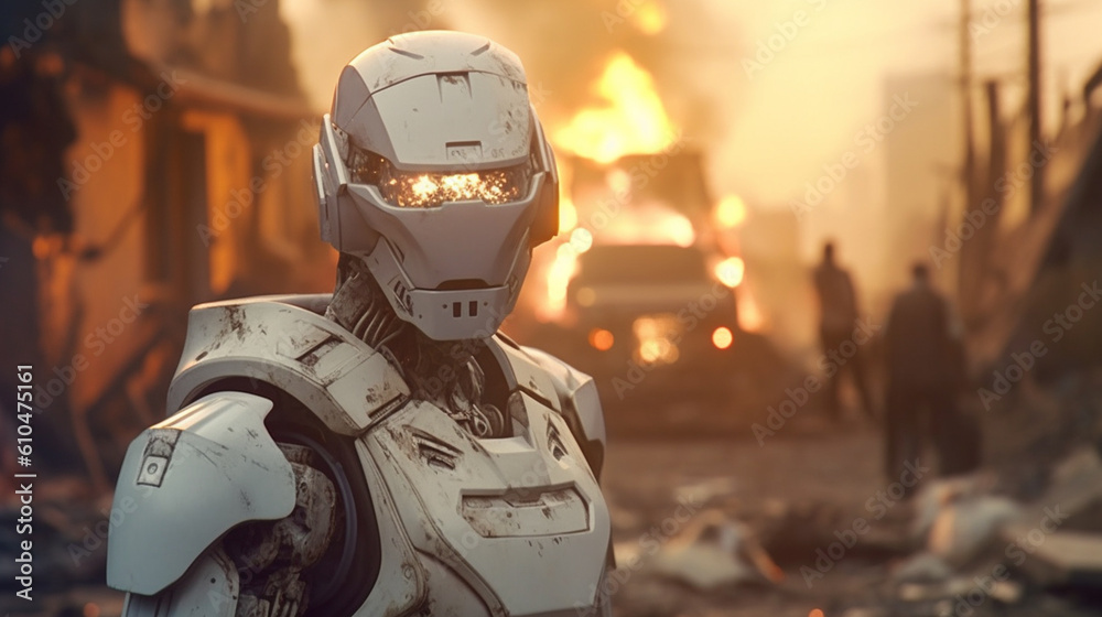 at war, robot humanoid android with artificial intelligence, fire and ...