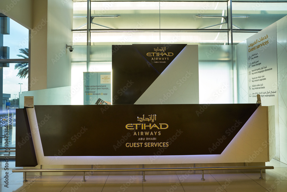 ABU DHABI, UAE - CIRCA JANUARY, 2020: Etihad Airways guest service ...
