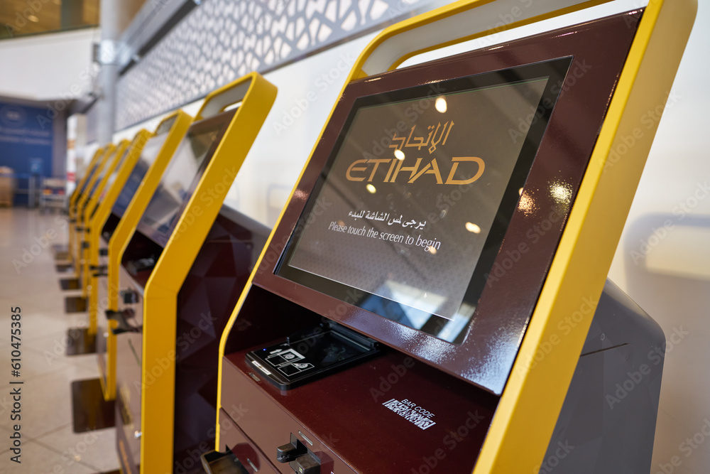 ABU DHABI, UAE - CIRCA JANUARY, 2020: close up shot of Etihad Airways ...