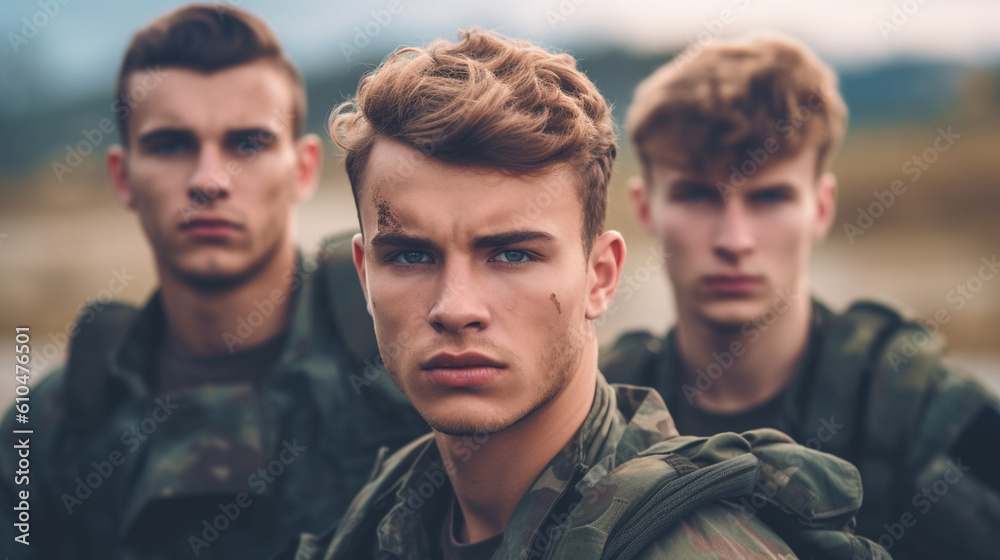 Squad of soldiers, soldiers in uniform with machine guns, group in ...