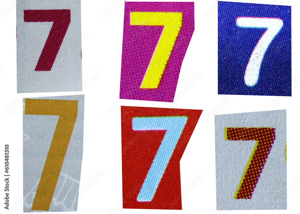 Number 7 magazine cut out font, ransom letter, isolated collage ...