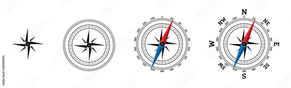 Compass red-blue-black icon set. Cardinal compass symbol : North, South ...