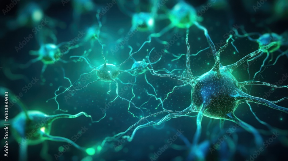 Conceptual illustration of neuron cells with glowing link knots. Blue ...
