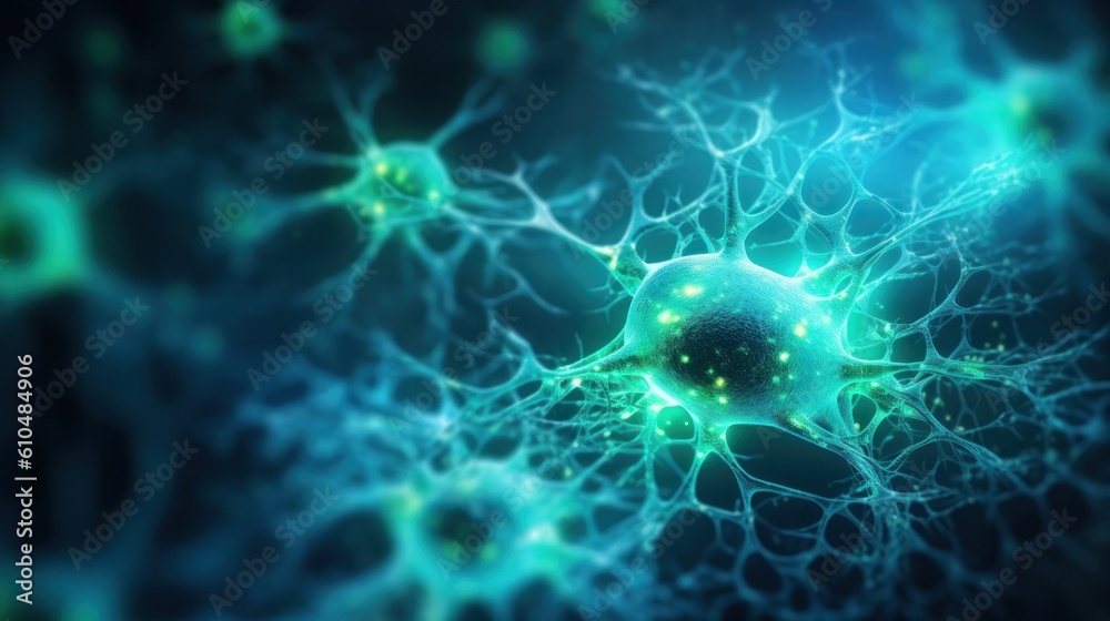 Conceptual illustration of neuron cells with glowing link knots. Blue ...