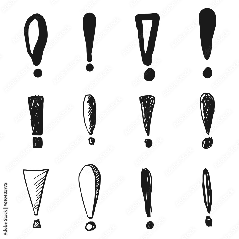 Set of hand drawn exclamation marks. doodle exclamation marks. isolated ...