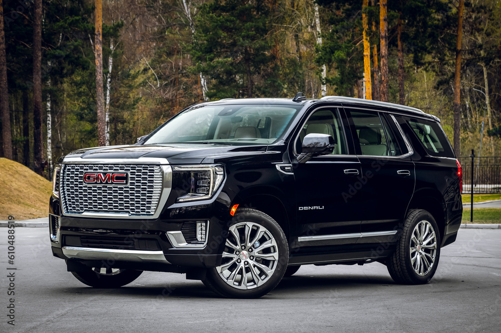 Novosibirsk, Russia - April 25, 2023: black GMC Yukon Denali , front ...