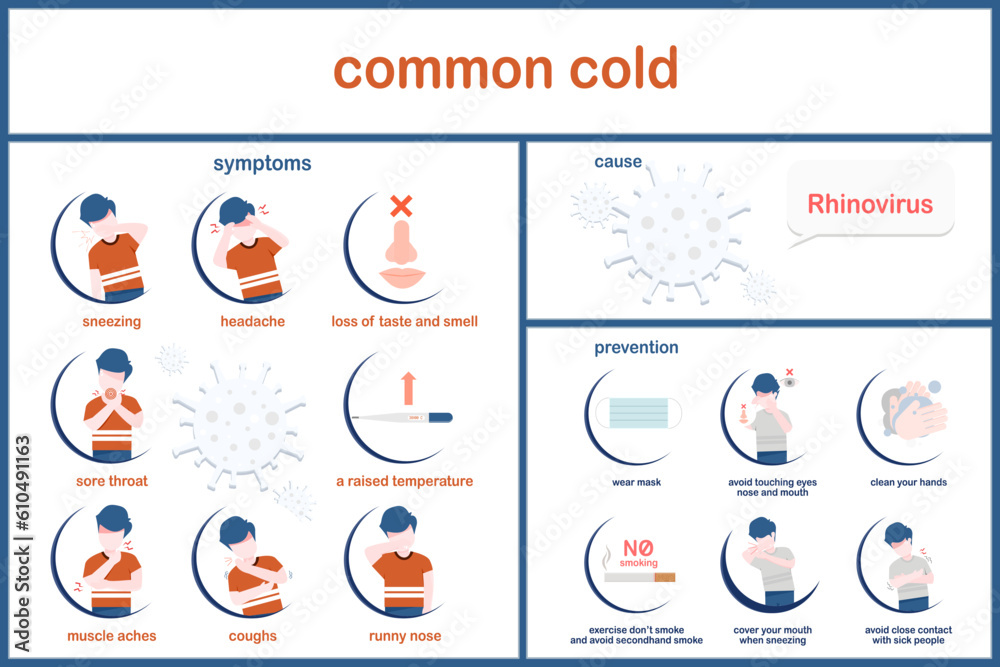 Infographic illustration of symptoms of common cold. Flu prevention and causes of infection ...