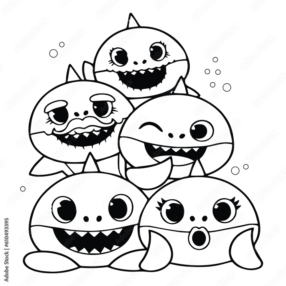 Baby Shark Coloring Page, Easy Shark Vector Illustration for Kids With ...