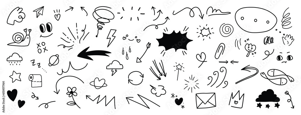 Set of cute pen line doodle element vector. Hand drawn doodle style ...