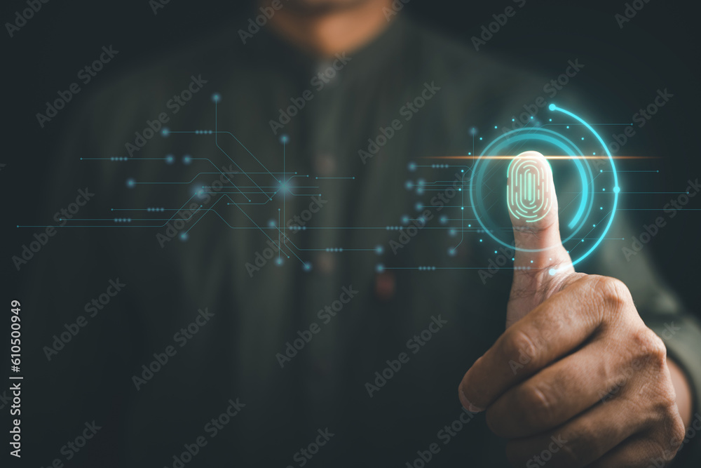 Thumbs up with virtual fingerprint to scan identity and access password ...