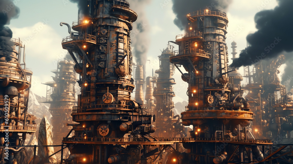 Industrial fantasy. Refineries in steampunk style. Generative AI Stock ...