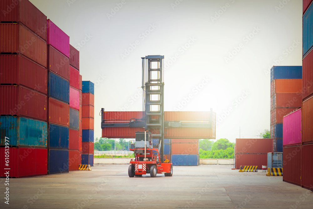 Container Crane Tractor Lifting up Stacking Cargo Container. Handling ...