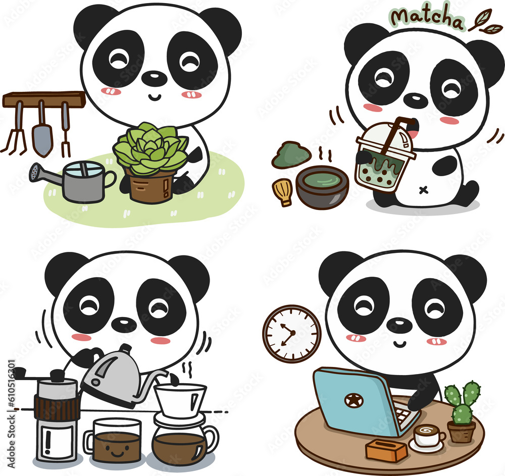 Set of Cute panda cartoon character posing in different situations. Png ...