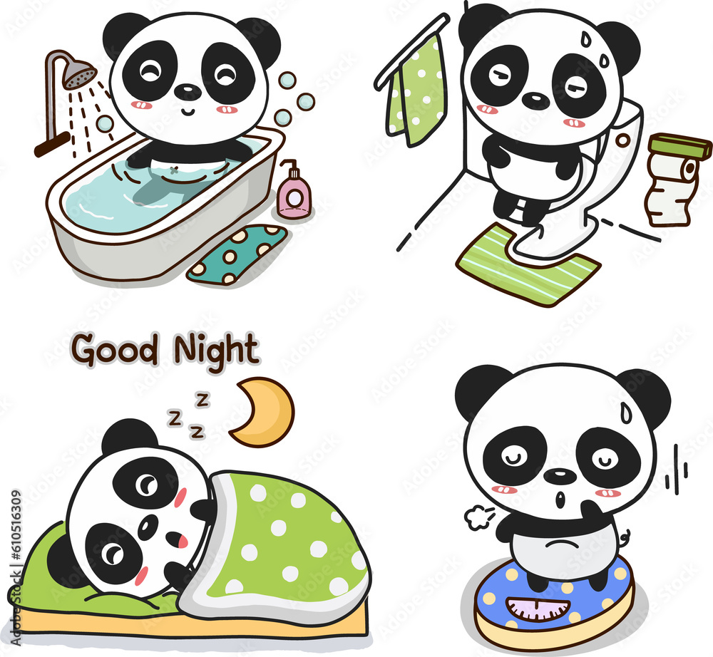 Set of Cute panda cartoon character posing in different situations. Png ...