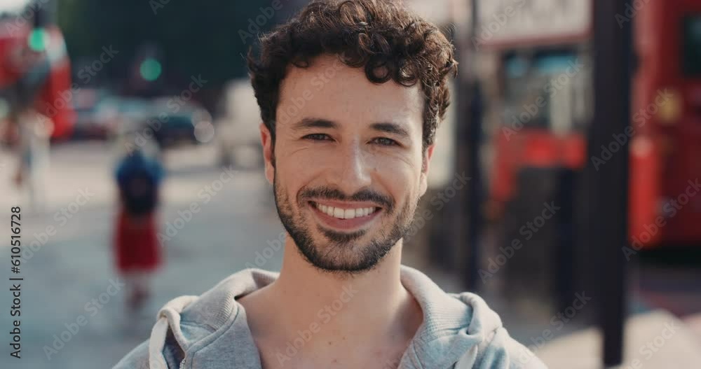 Face, happy and man laughing on a city, street or urban road with good ...