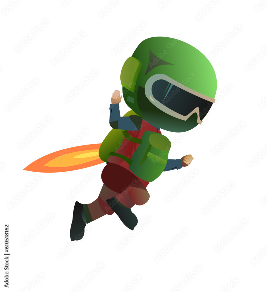 Jetpack. Man in helmet flies. Reactive Aircraft in back. Isolated on ...